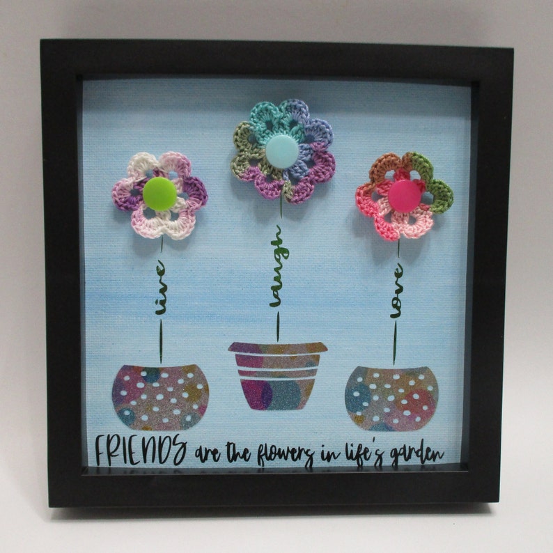 FRAMED CROCHET FLOWERS Crochet Flowers on Canvas Live Laugh Love ...