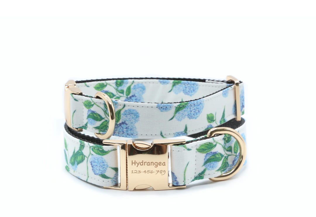 Blue Hydrangea Dog Collar, Martingale With Buckle, Dog Collar With Name ...