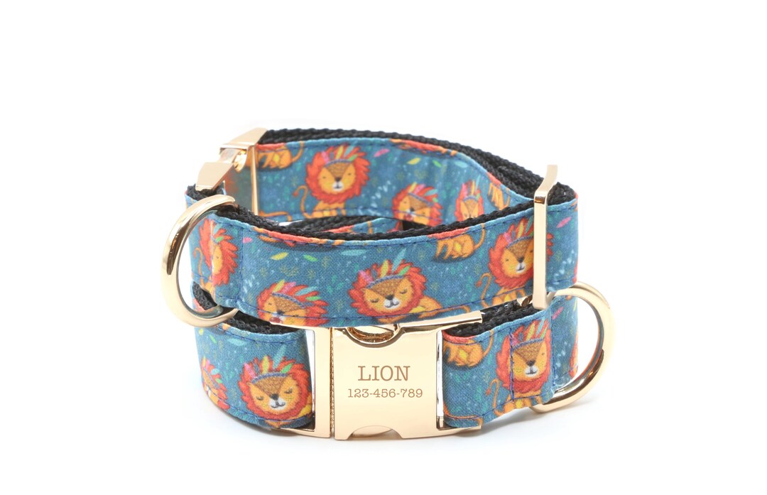 Lion Dog Collar, Cute Roaring Lions on Dark Blue, Martingale With ...