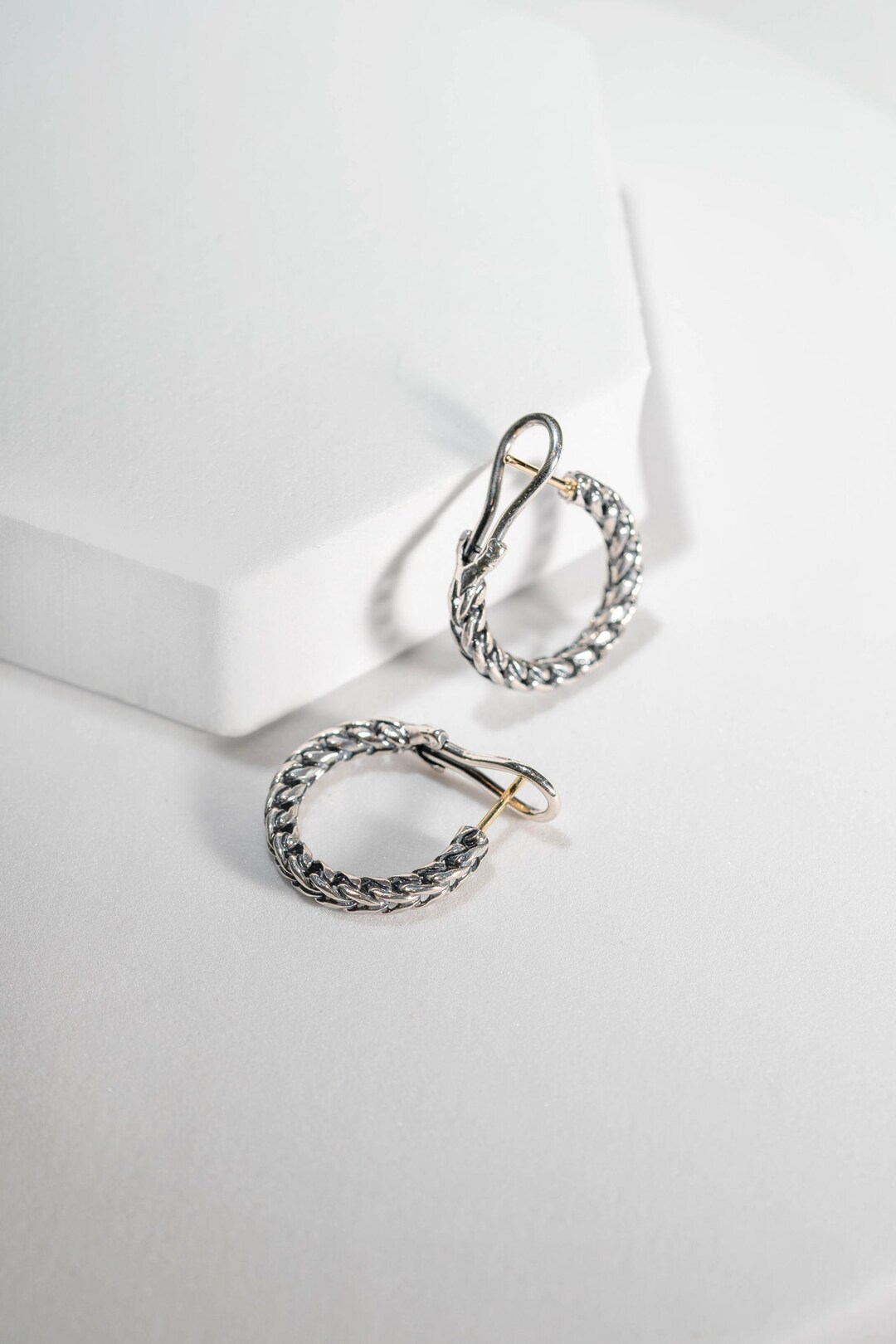 Oran Chain Hoop Earrings, Omega Closure Earrings, Chain Textured ...