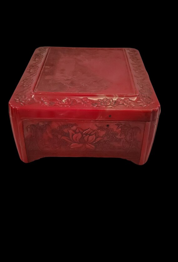 Vintage Asian Decor Red Celluloid Plastic Jewelry Box - Gem