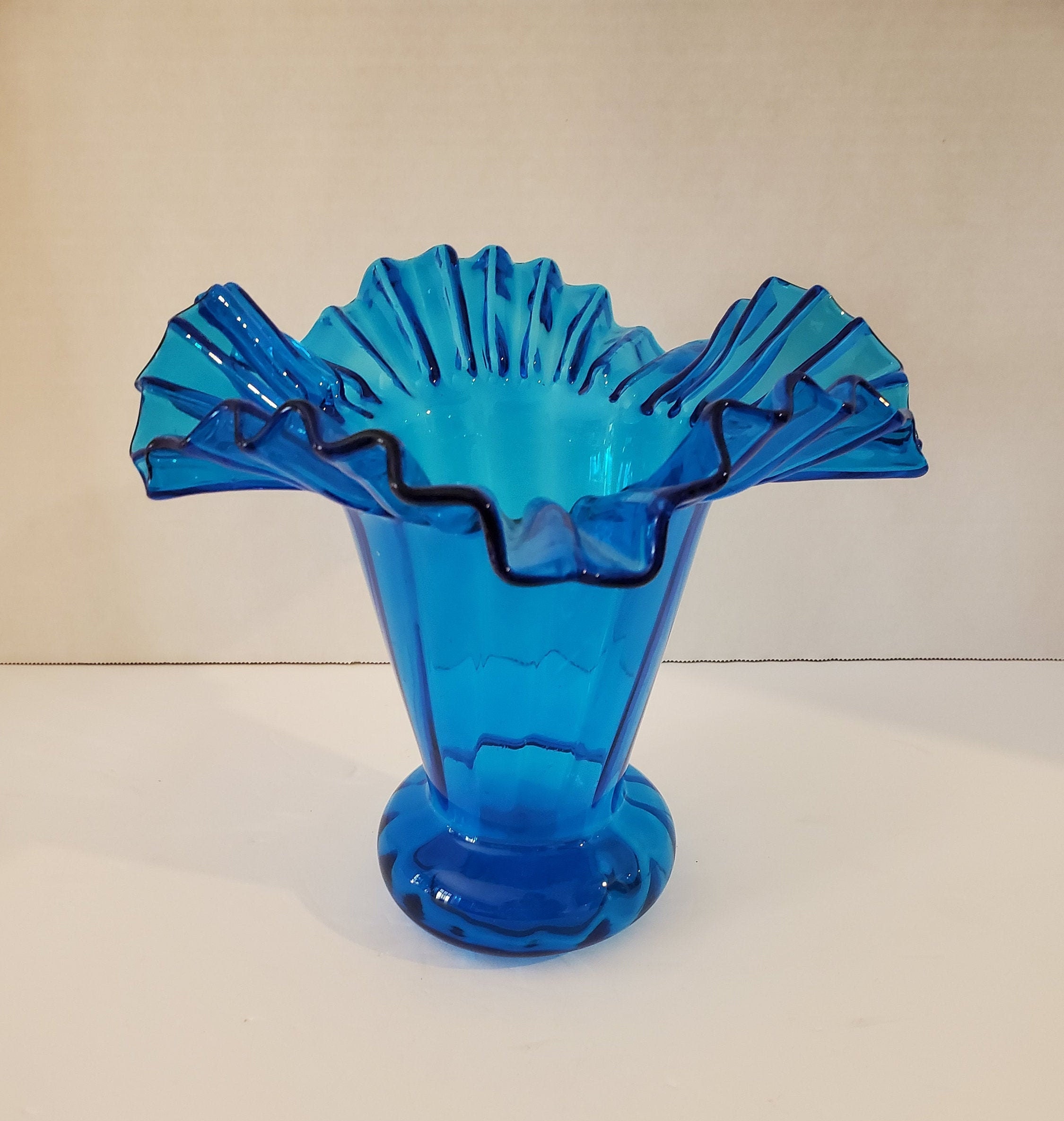 Beautiful Vintage 1940’s Beacon Glass Azure Blue Hand Blown Ruffled ...
