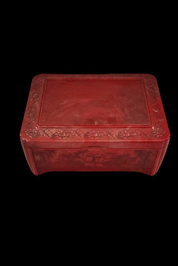 Vintage Asian Decor Red Celluloid Plastic Jewelry Box - Gem