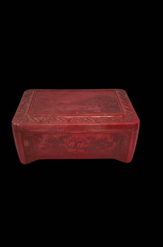 Vintage Asian Decor Red Celluloid Plastic Jewelry Box - Gem