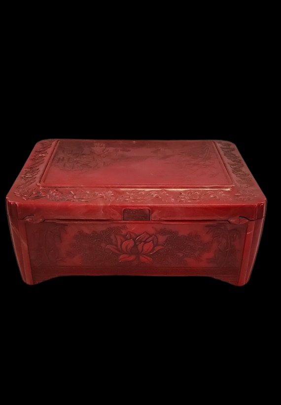Vintage Asian Decor Red Celluloid Plastic Jewelry Box - Gem