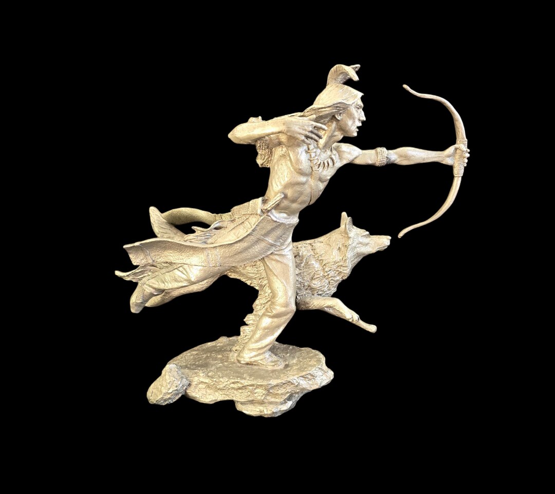 Vintage “the Hunter” Sioux Indian With Wolf Pewter Sculpture by Jim ...