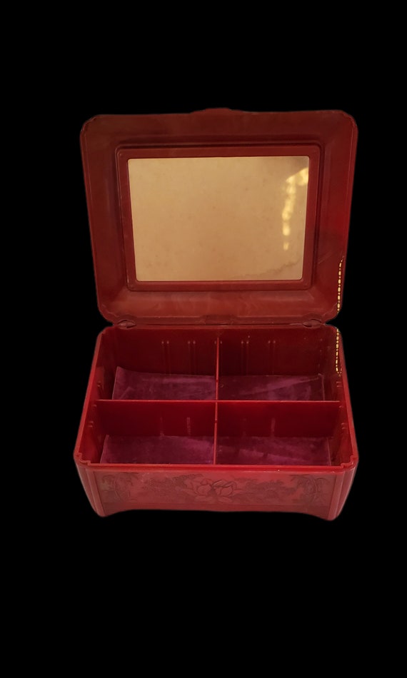 Vintage Asian Decor Red Celluloid Plastic Jewelry Box - Gem