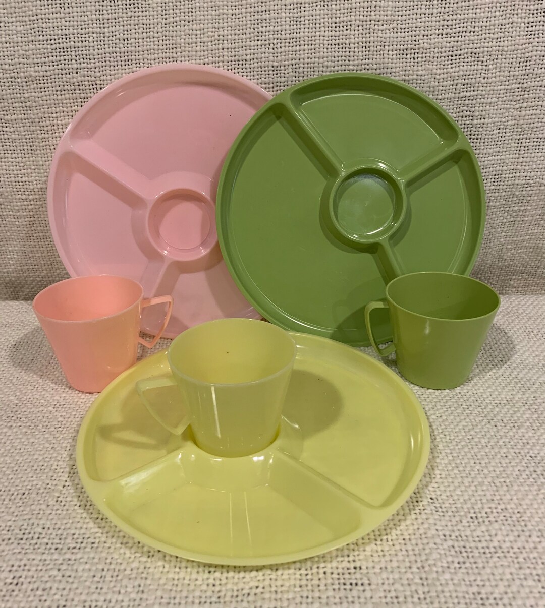 Vintage Divided Snack Plates Matching Colored Cups Set of 3 Pink Yellow ...