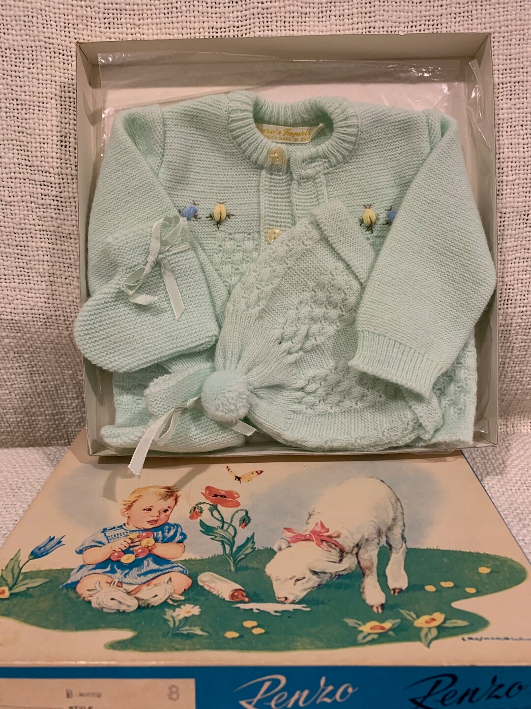Vintage Renzo Italian Baby Doll Sweater Set in Original Box Hat Booties ...