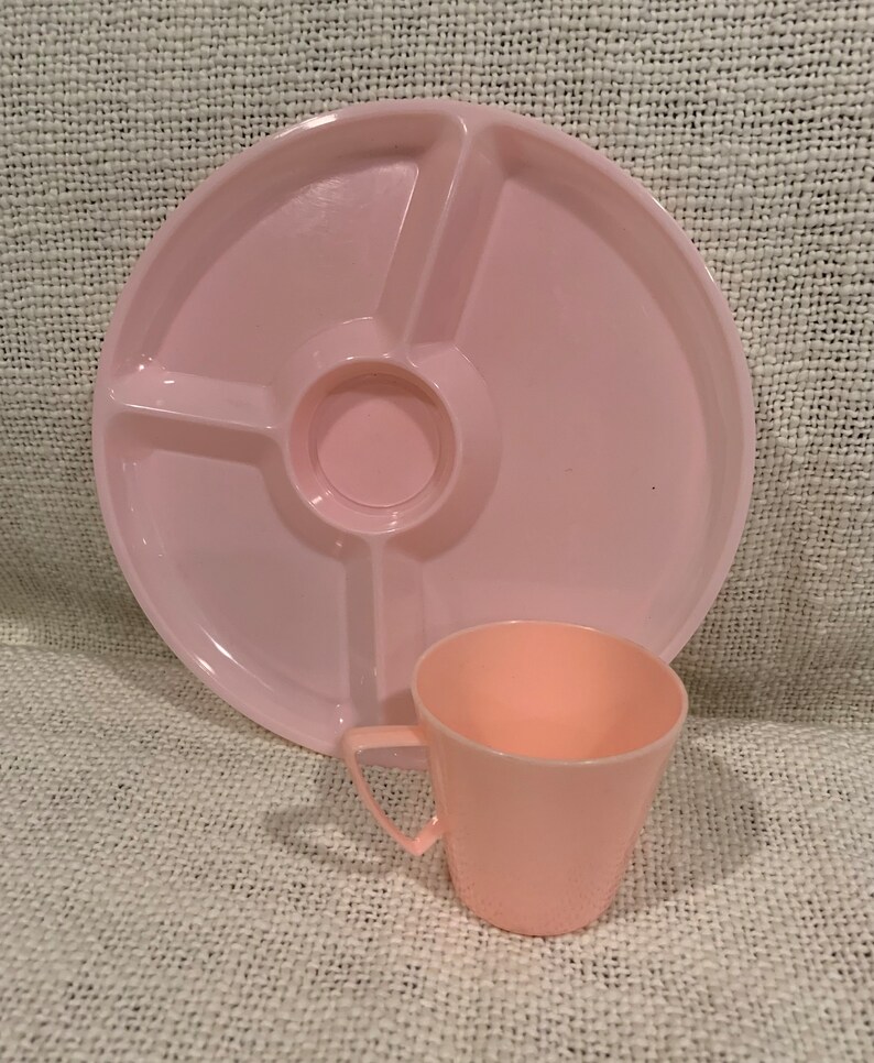 Vintage Divided Snack Plates Matching Colored Cups Set of 3 Pink Yellow ...