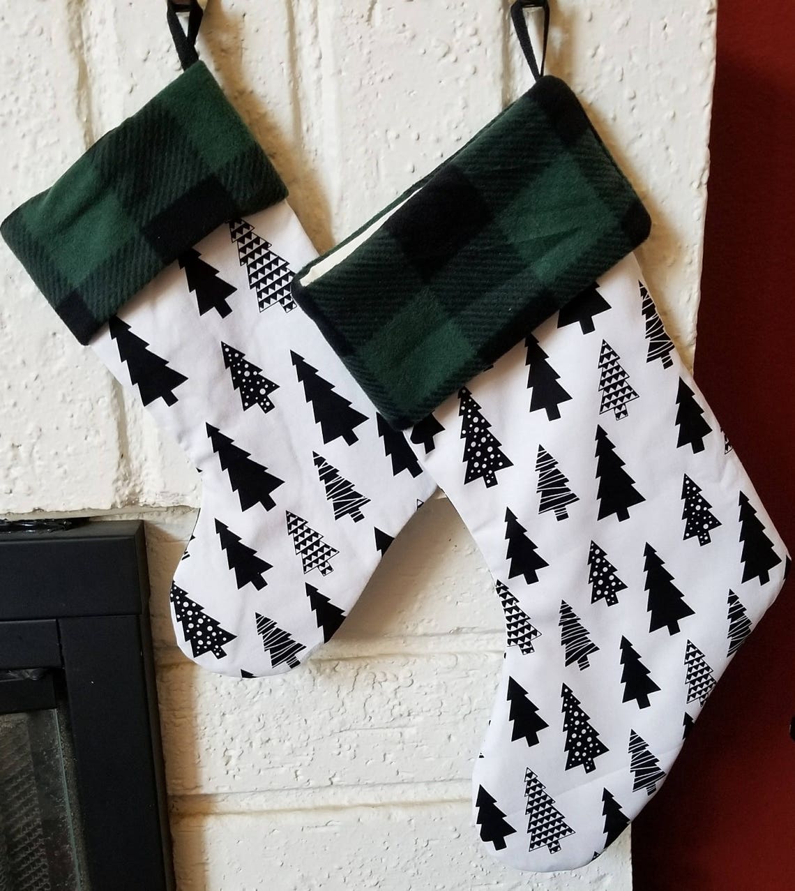 Christmas Tree Stocking with green plaid Woodland Stocking | Etsy