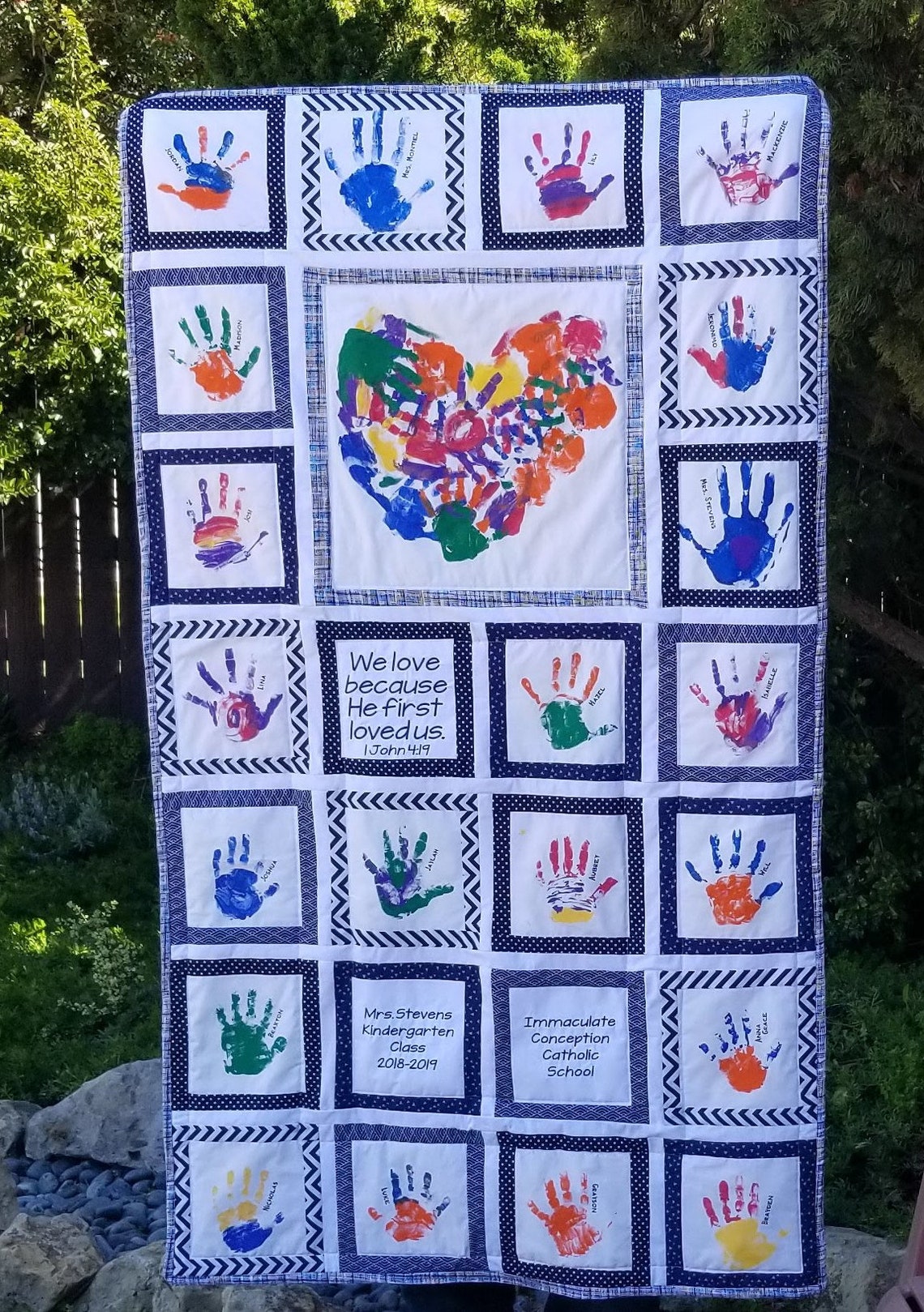 Personalized Handprint Quilt for Teacher, Heart Hands With Bible Verse ...