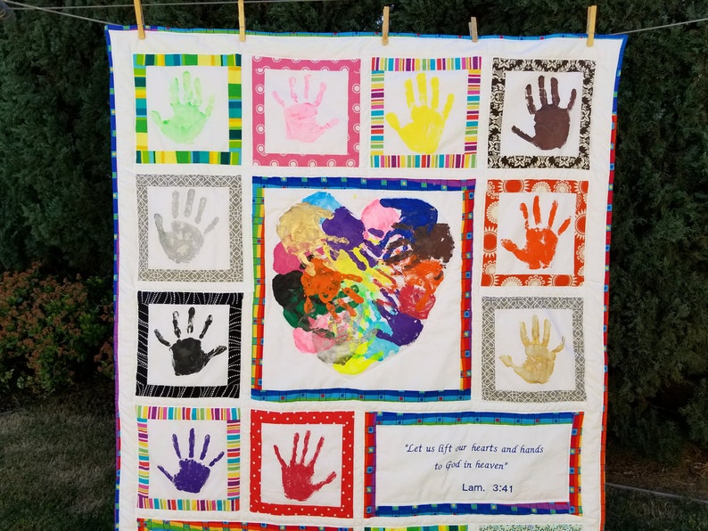 Personalized Handprint Quilt for Teacher, Heart Hands With Bible Verse ...
