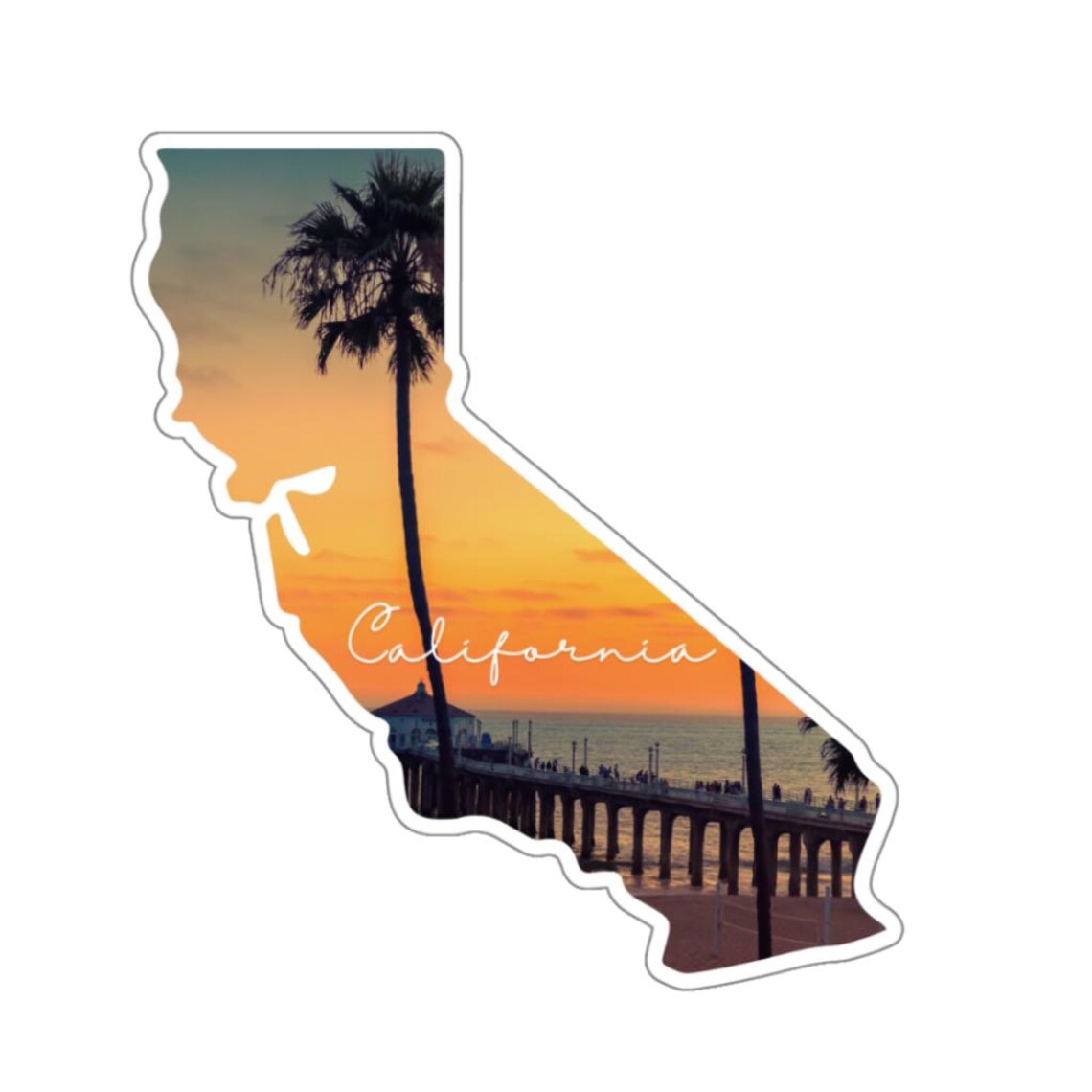 California Sunset Pier Vinyl Sticker - Coastal Vibes Waterproof Decal ...