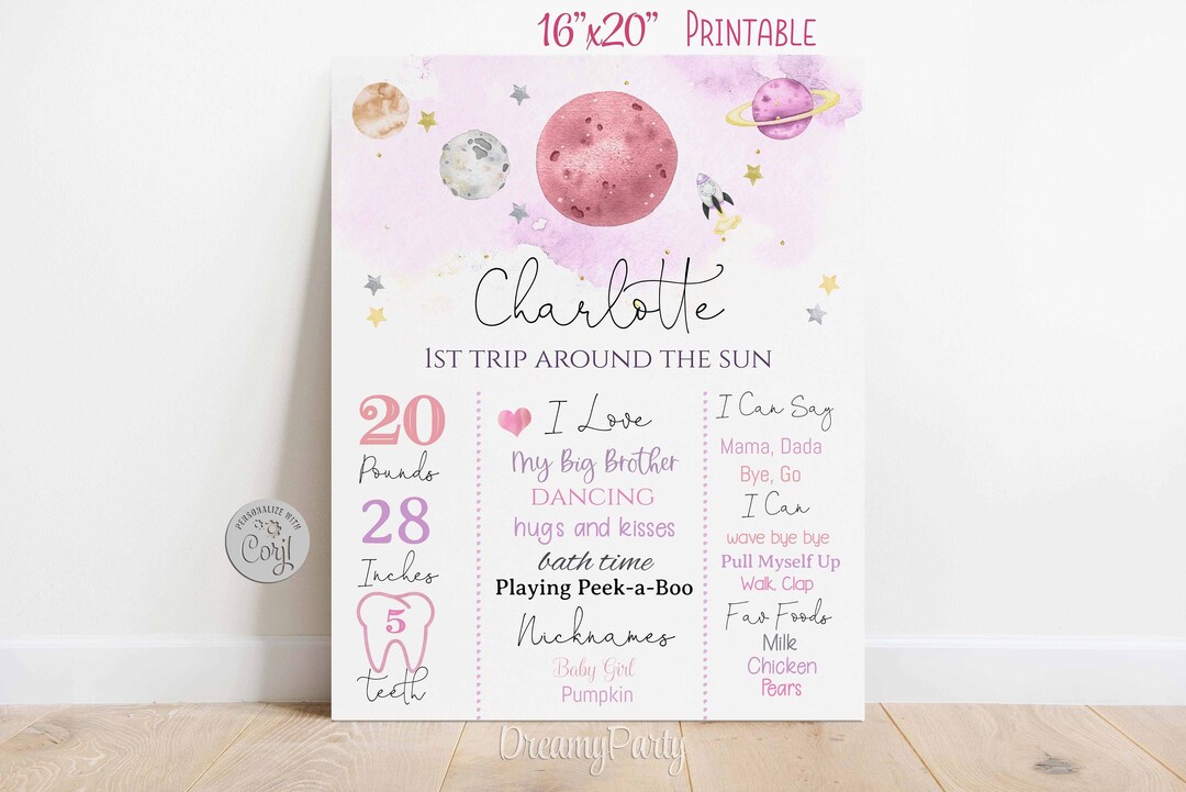 Space 1st Birthday Girl Milestone Sign, Galaxy 1st Birthday Girl, Outer ...