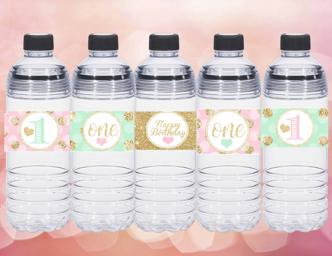 First Birthday Water Bottle Labels, Pink Mint and Golg Water Bottle ...