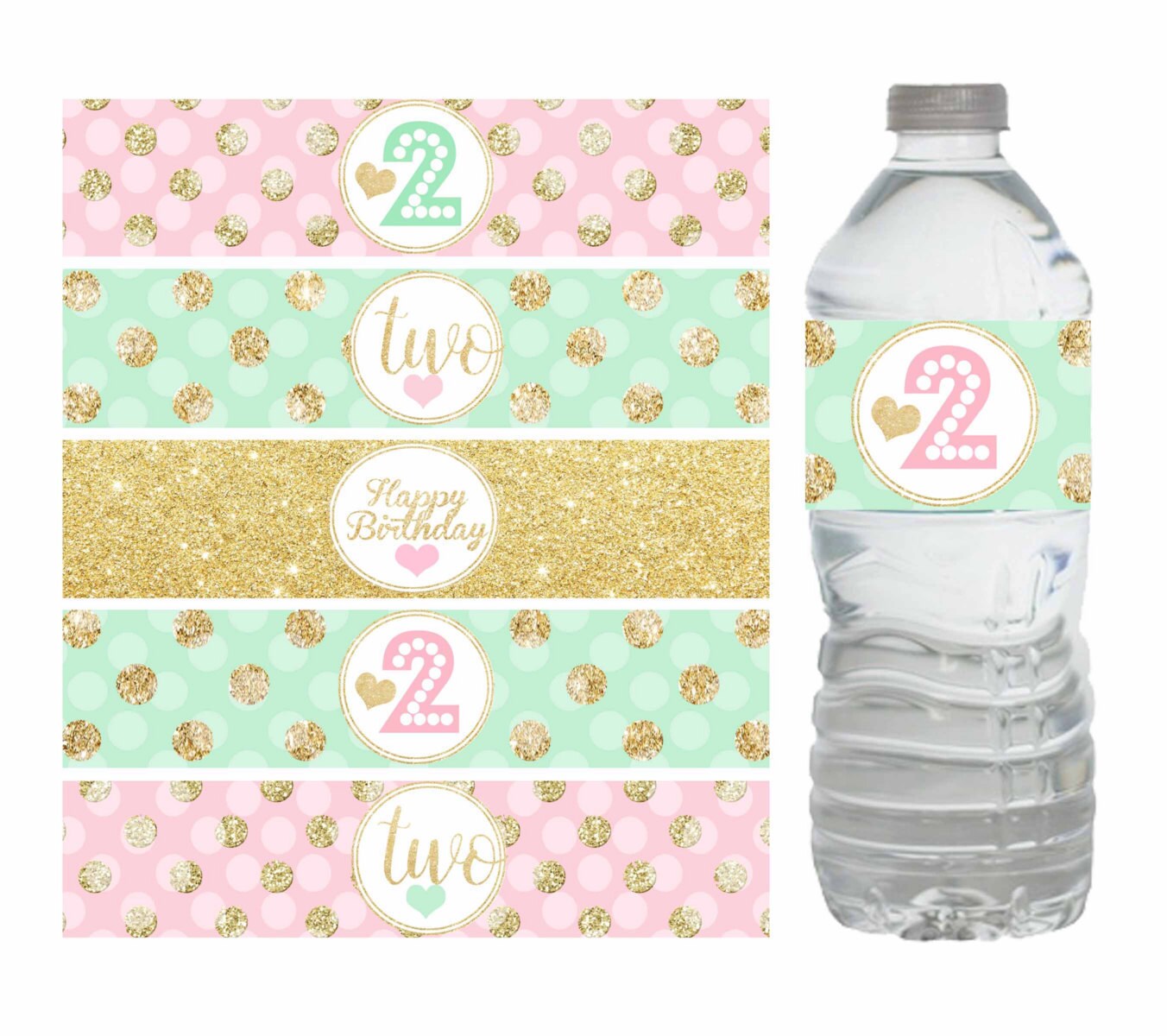 Pink Mint and Gold Water bottle labels Pink Mint and gold | Etsy