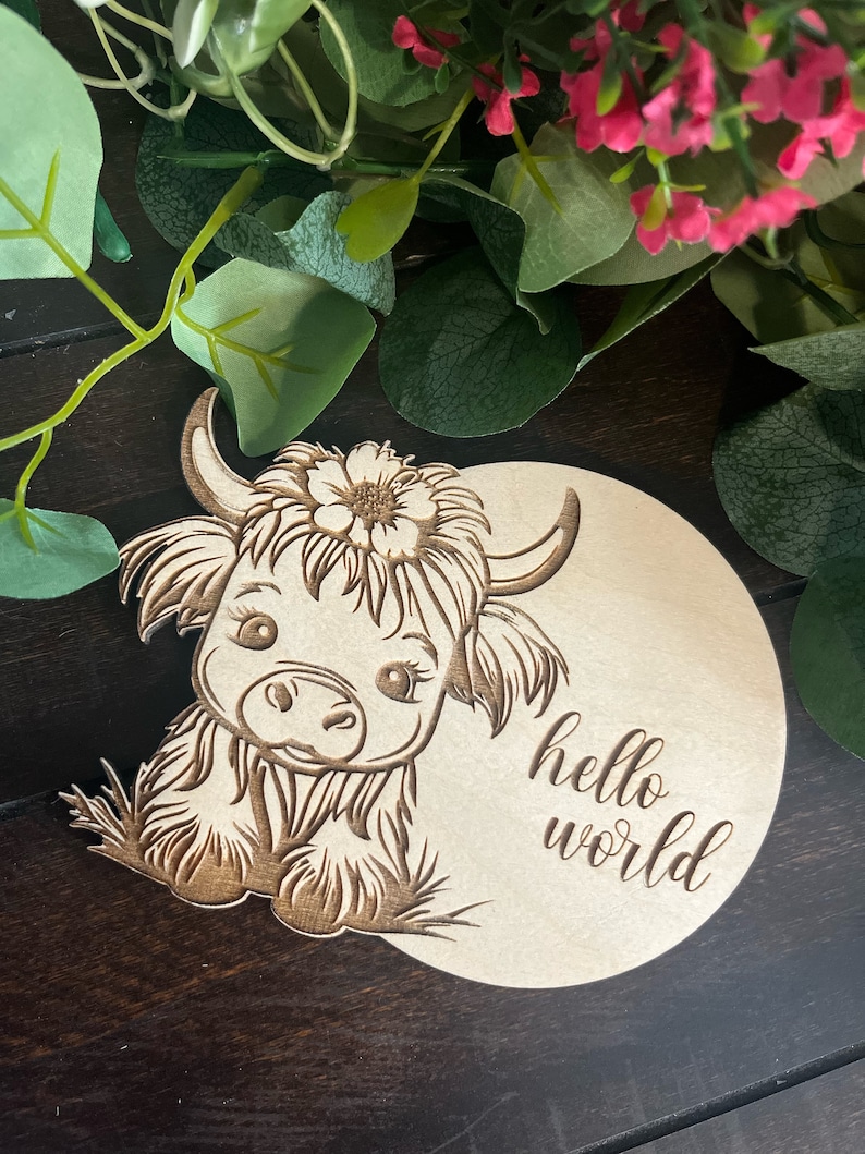 SVG File - Highland Cow Hello World Card | Baby Birth Milestone Card ...
