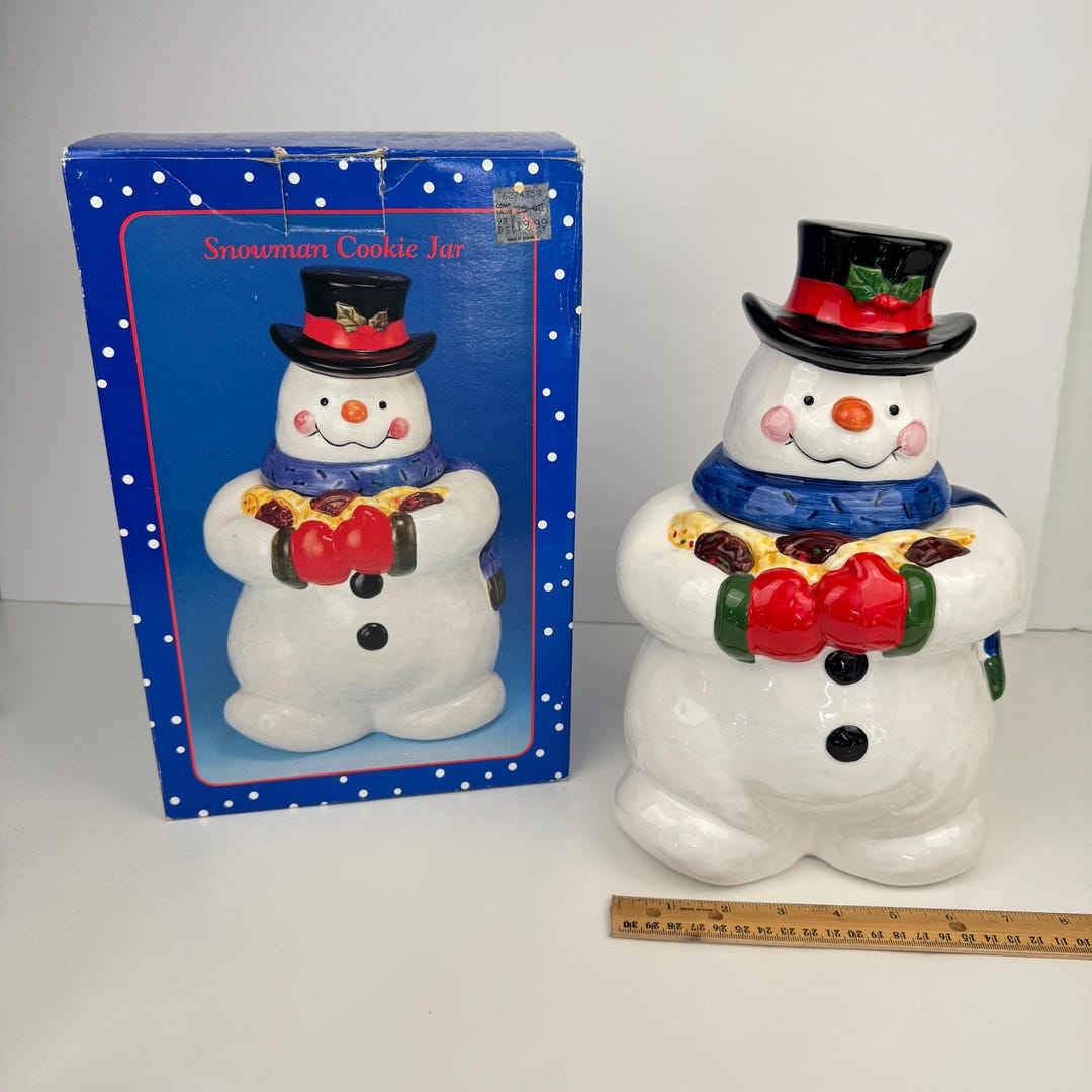 Vtg 90s Snowman Holding Cookies Cookie Jar W Lid Storage Orig Box ...