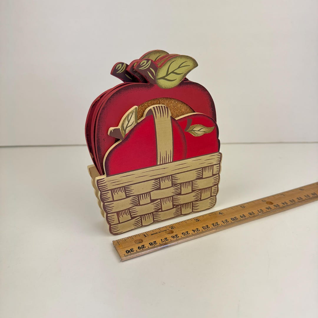 Vintage Set of 4 Red Apple Shape Coasters Wood Cork in Apple Basket ...