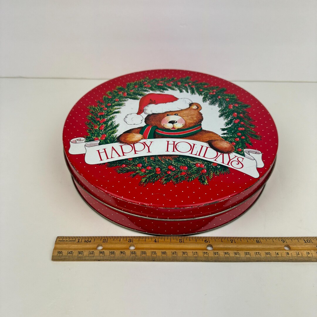 Vtg Round Metal Tin Teddy Bear Happy Holidays Red W Polka Dots 10in ...