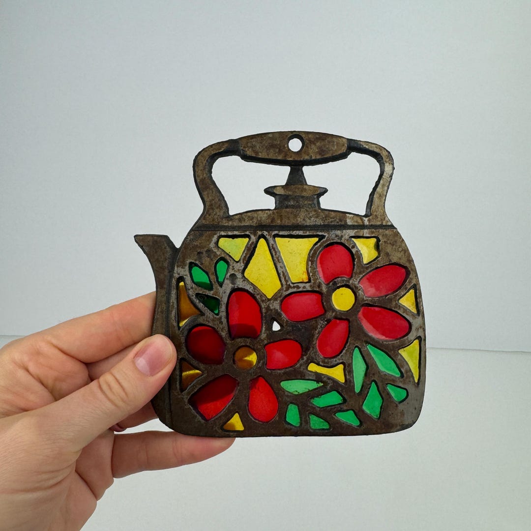 Vintage Teapot Shaped Trivet Stained Glass Metal Cast Iron Kitchen ...