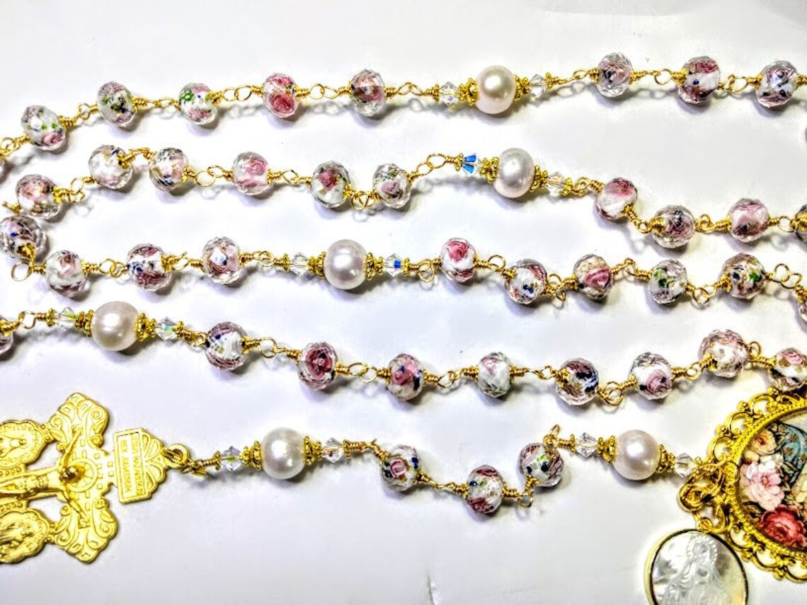 Victorian Style Pink Rose Lampwork Bead Cream Freshwater Pearl Rosary ...