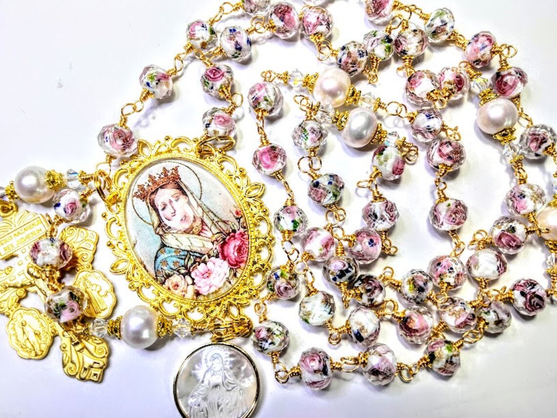 Victorian Style Pink Rose Lampwork Bead Cream Freshwater Pearl Rosary ...