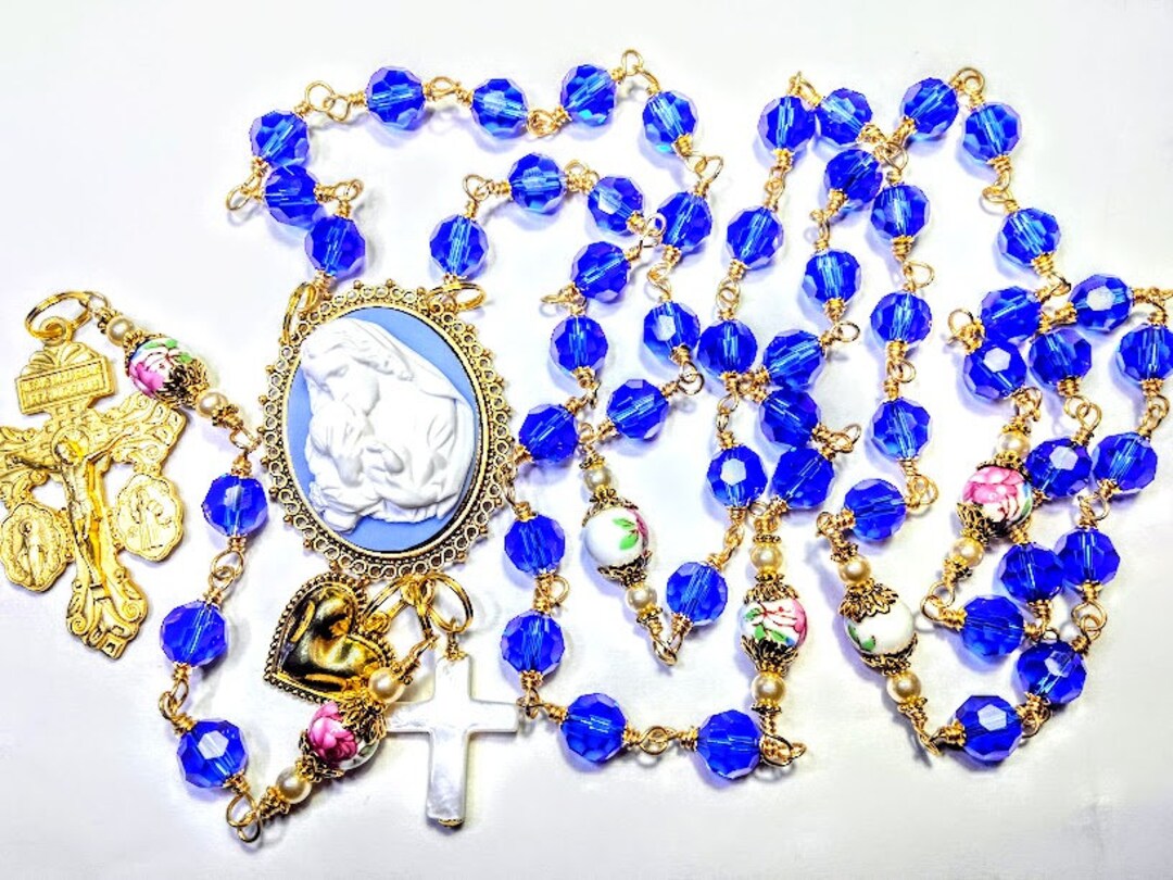 Sapphire Blue Austrian Crystal Bead Mary Cameo Ceramic Rose Heart Charm ...