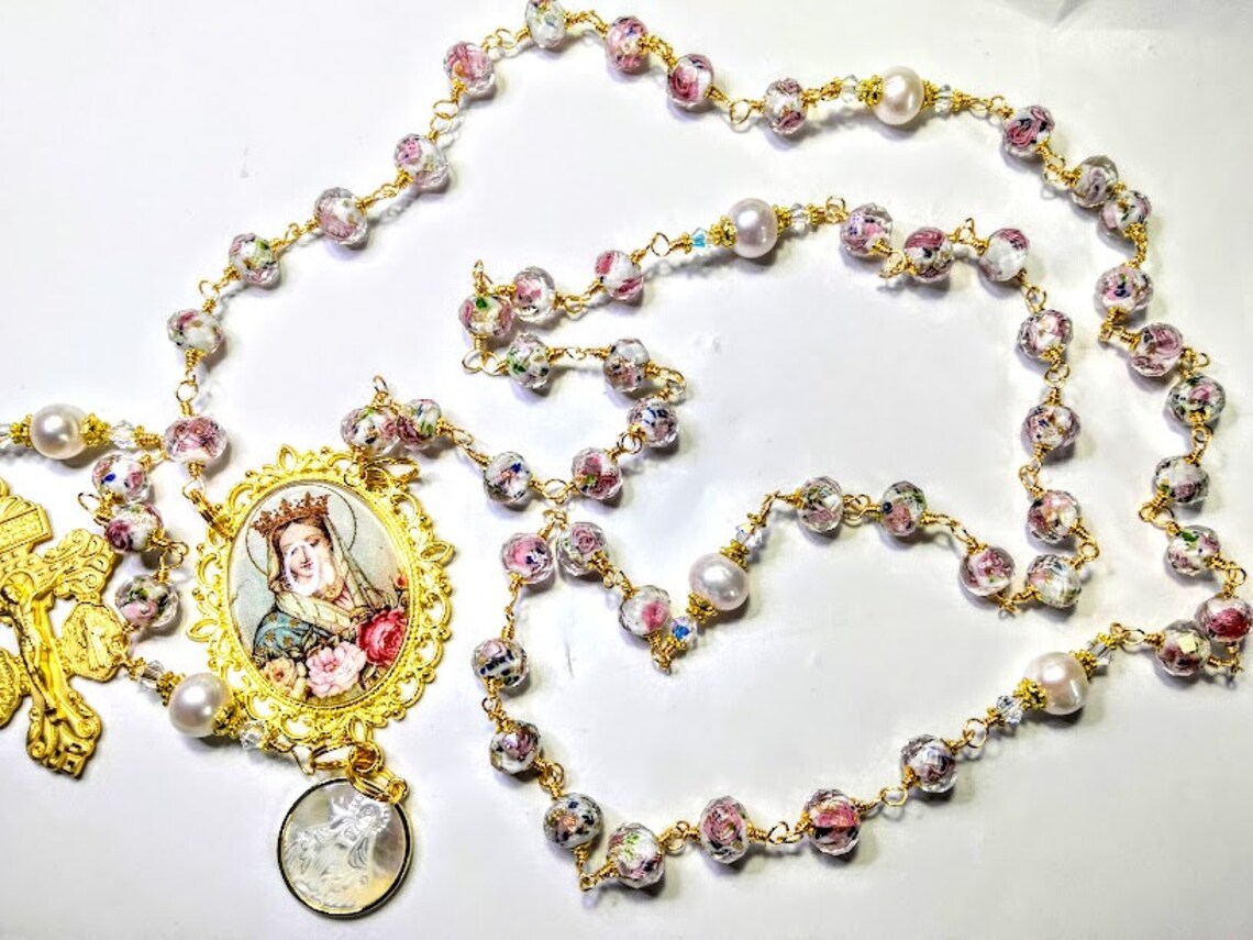 Victorian Style Pink Rose Lampwork Bead Cream Freshwater Pearl Rosary ...