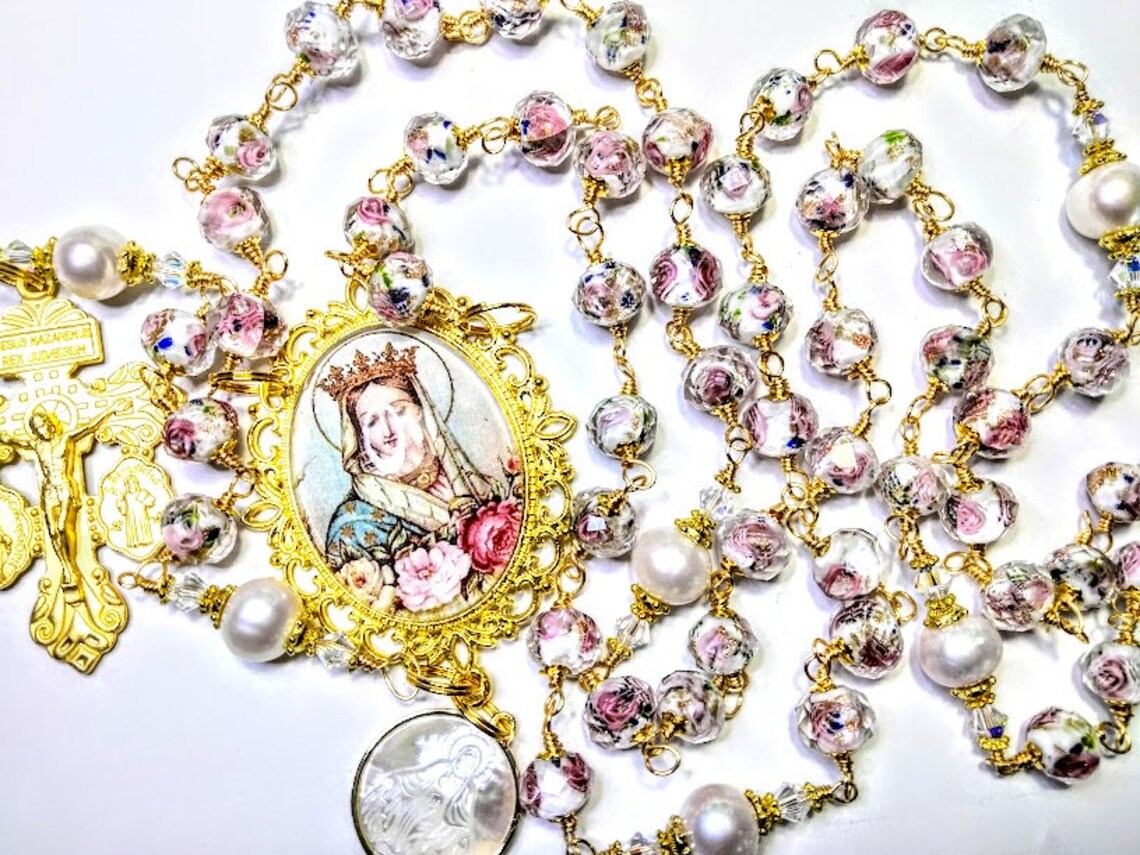 Victorian Style Pink Rose Lampwork Bead Cream Freshwater Pearl Rosary ...