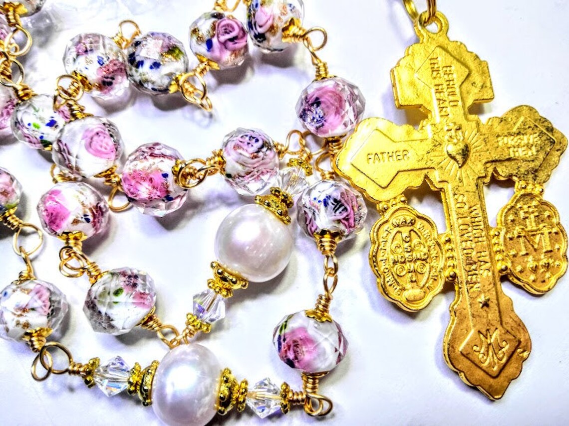 Victorian Style Pink Rose Lampwork Bead Cream Freshwater Pearl Rosary ...