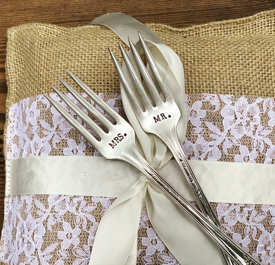 Wedding Forks Handstamped Silver Fork Set Mr and Mrs Wedding Set ...