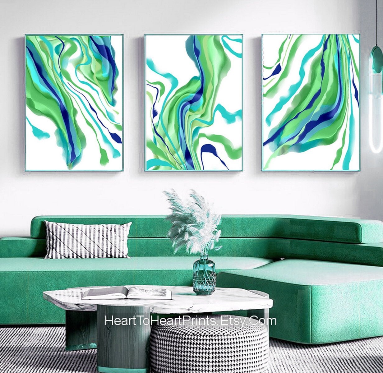 Green Abstract Painting Set of 3 Posters Lime Green Navy Blue Painting ...