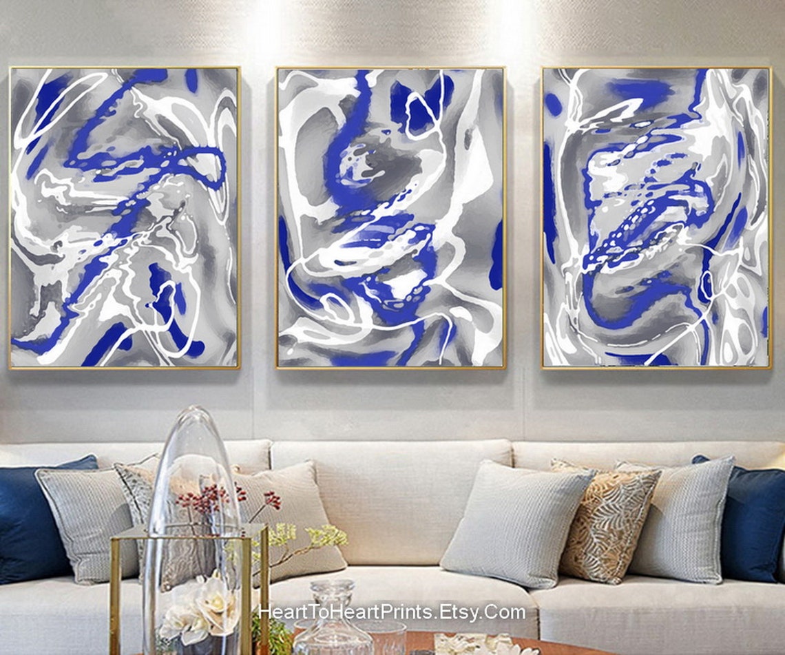 Silver Gray Blue Abstract Painting Set of 3 Print Modern - Etsy