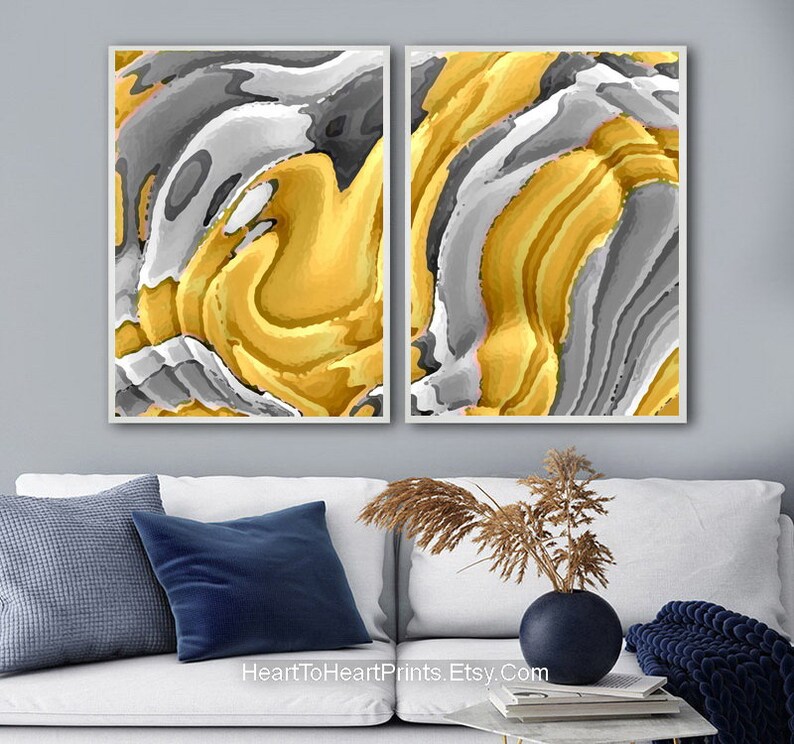 Yellow Gray Abstract Painting Set of 2 Prints PRINTABLE Wall Art ...