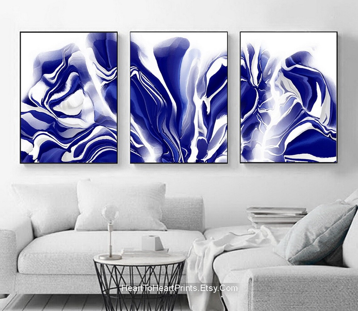 Navy Blue Abstract Painting PRINTABLE Wall Art Set of 3 - Etsy