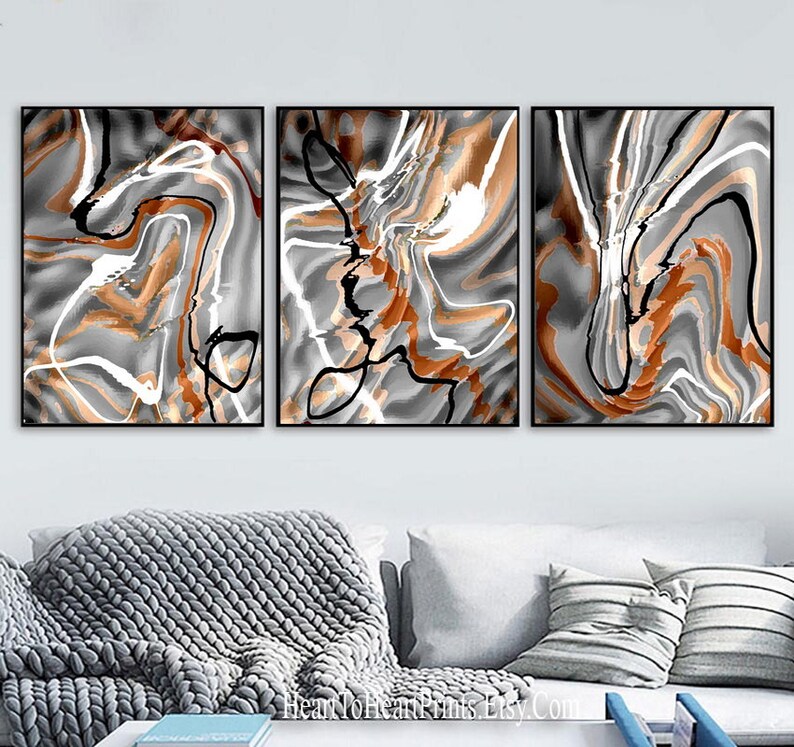 Gray Abstract Wall Decor 3 Poster Set Living Room Wall Art Canvas ...