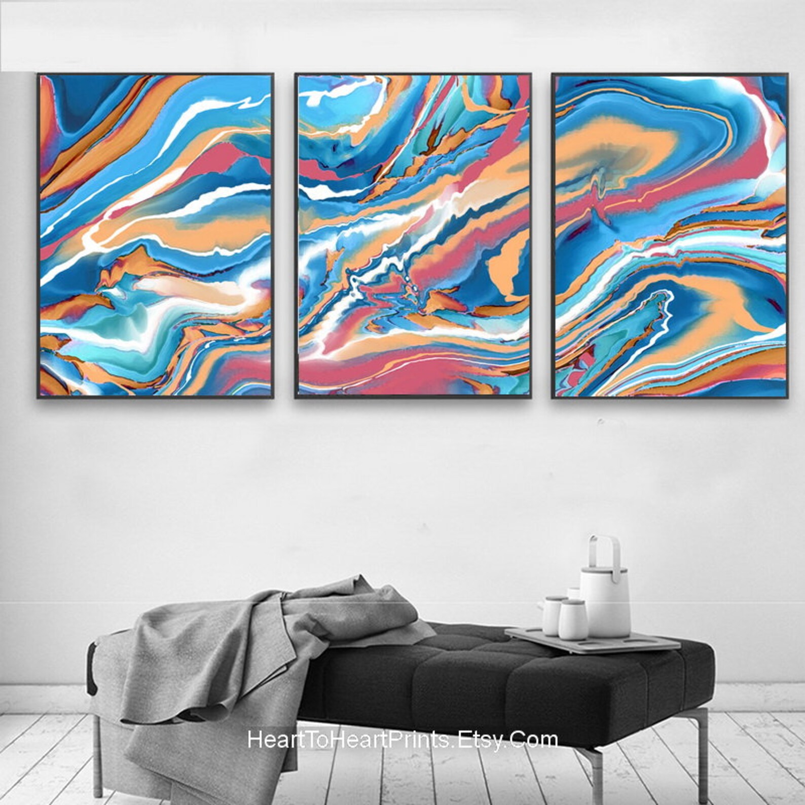 Turquoise Abstract Wall Art Set of 3 PRINTABLE Art Aqua Blue Abstract ...
