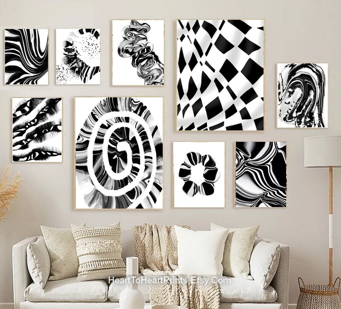 Black White Abstract Set of 12 Posters Abstract Painting PRINTABLE Wall ...