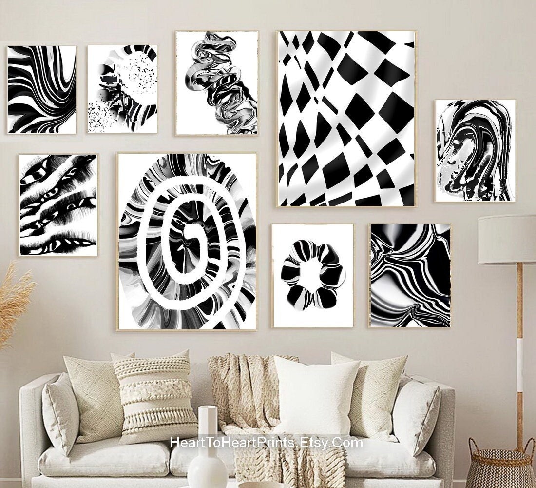 Black White Abstract Set of 12 Posters Abstract Painting PRINTABLE Wall ...