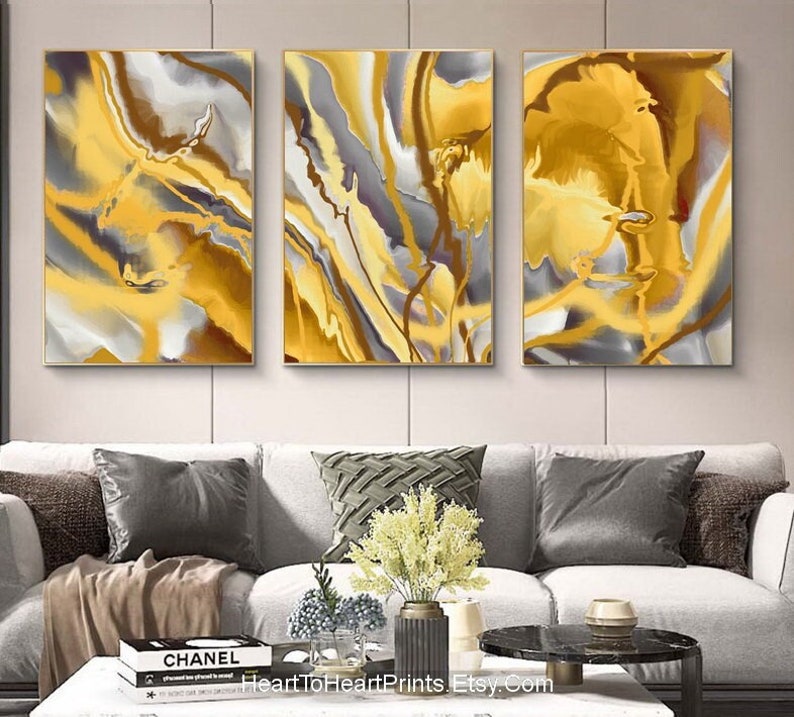 Mustard Yellow Gray Abstract Painting Set of 3 Posters DIGITAL Abstract ...