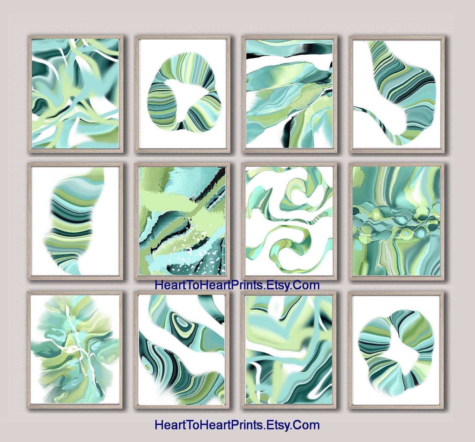 Green Abstract Gallery Wall Art Set of 12 Posters Lime Teal PRINTABLE ...