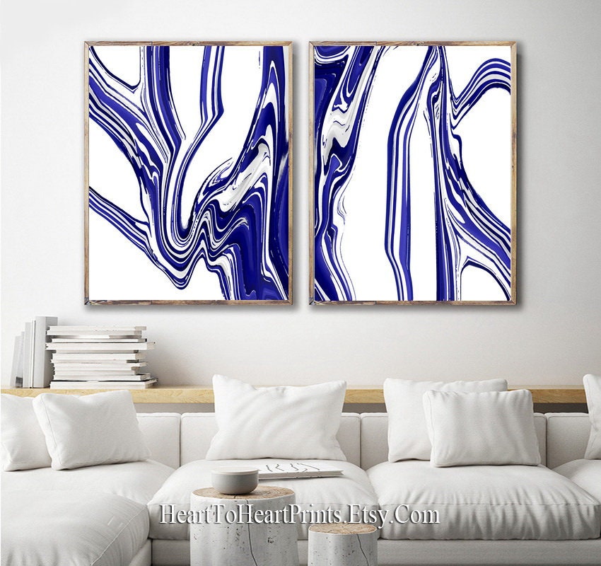 Blue Line Drawing Set of 2 Prints Blue Abstract Prints Navy - Etsy