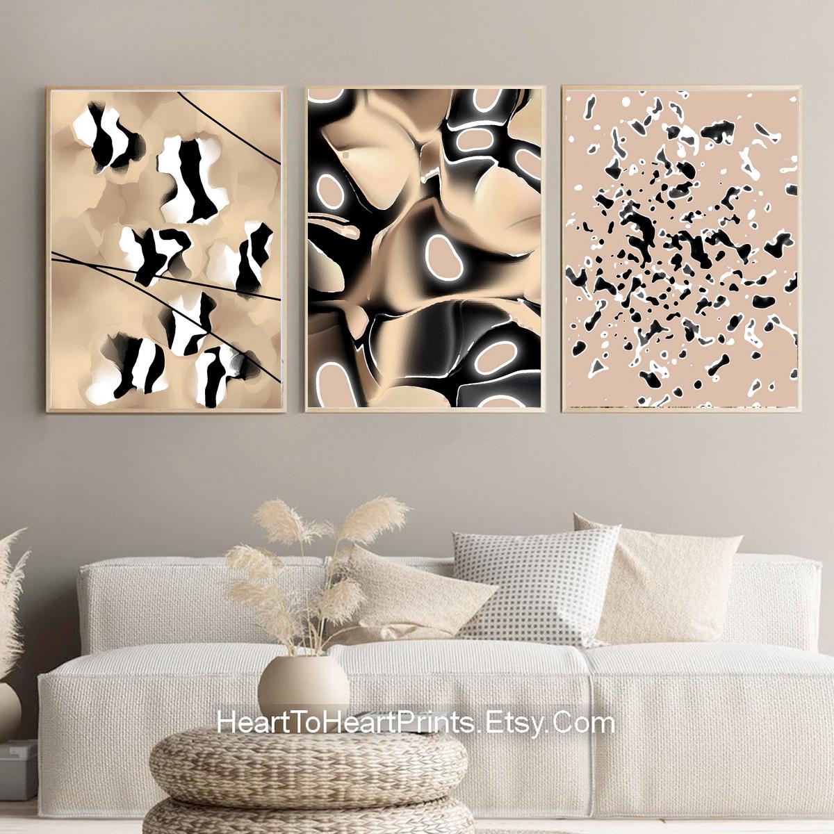 Beige Abstract Print Set of 3 Black Beige Abstract Painting Minimal Art ...