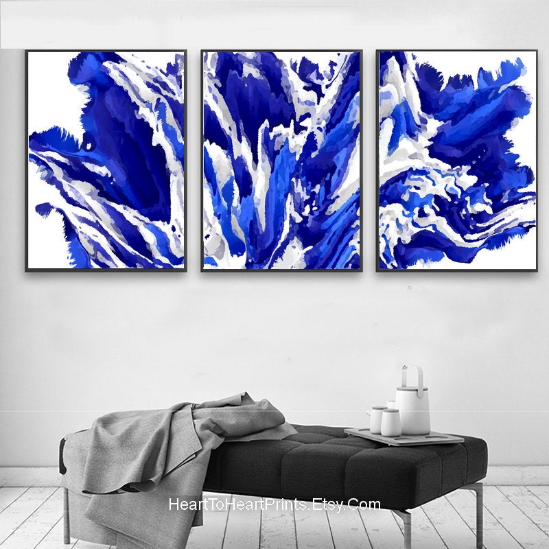 Blue Abstract Painting Set of 3 Posters Living Room Set of 3 | Etsy