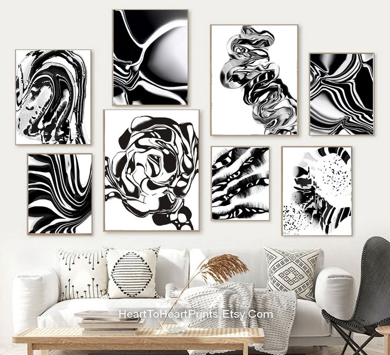 Black White Abstract Set of 12 Posters Abstract Painting PRINTABLE Wall ...
