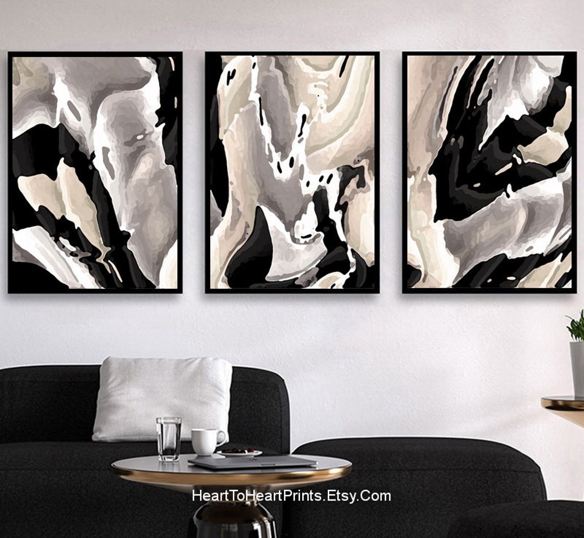 Black Gray Abstract Set of 3 Posters Neutral Wall Art - Etsy
