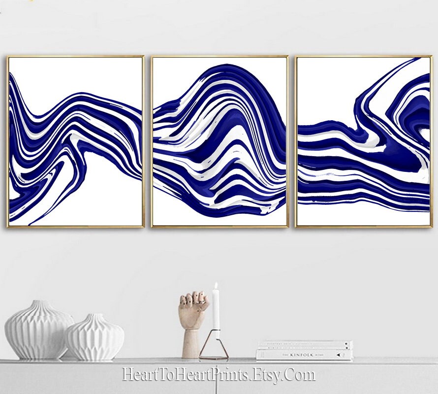 Blue Line Drawing Set of 2 Prints Blue Abstract Prints Navy | Etsy