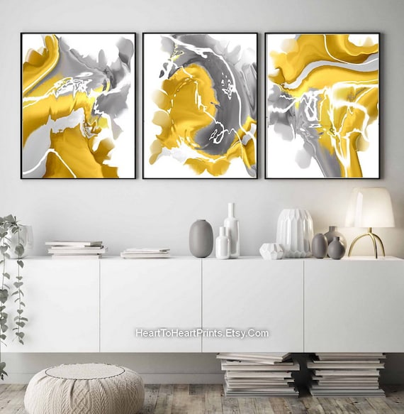 Mustard Yellow Gray Wall Art Abstract Painting Set of 3 Prints DOWNLOADABLE Prints Yellow Modern Abstract Large Wall Art Contemporary Art Etsy UK